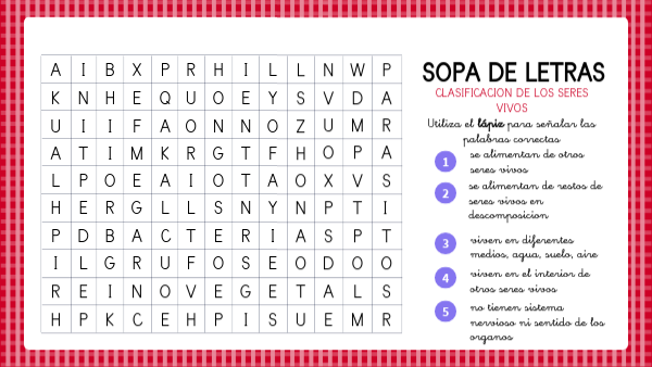 sopa de letras CLASIFICACION DE LOS SERES VIVOS