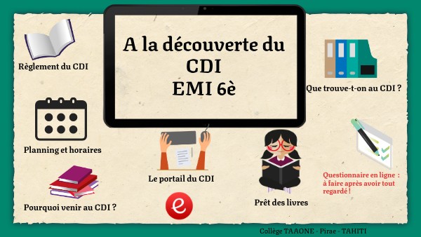 EMI 6è : A la découverte du CDI by cdicollegetaaone on Genially