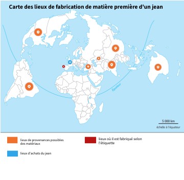 Carte de lieux de fabrication d'un jean