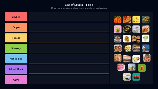 LIST OF LEVELS. FOOD